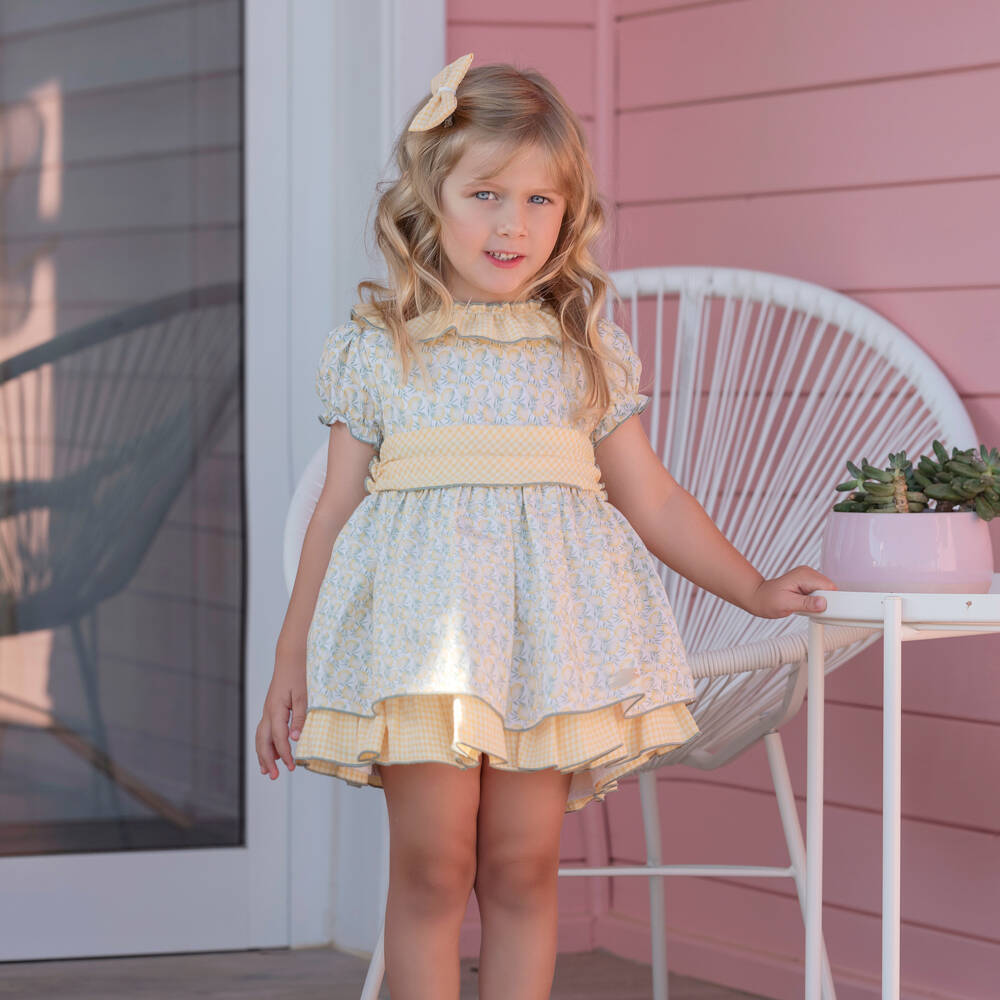 Miranda - Girls Yellow Lemon Print Dress | Childrensalon