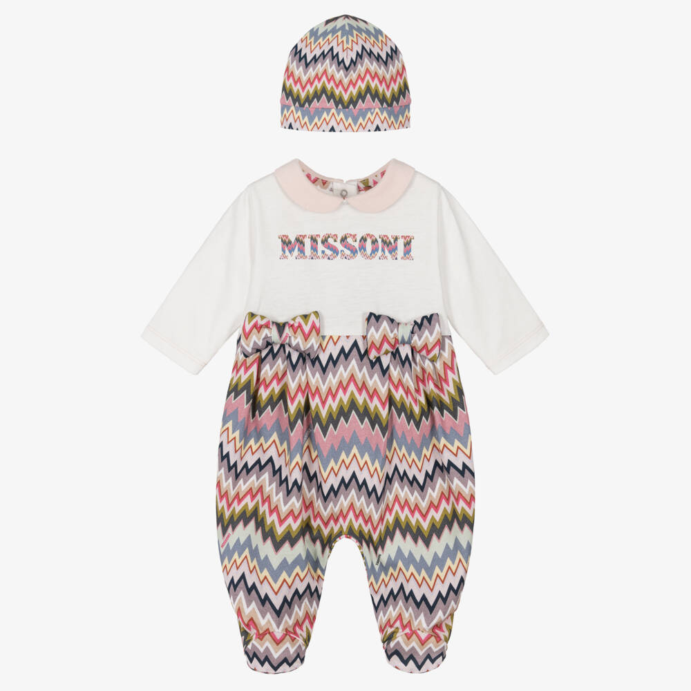 Missoni - Girls White & Pink Zigzag Cotton Babysuit Set | Childrensalon