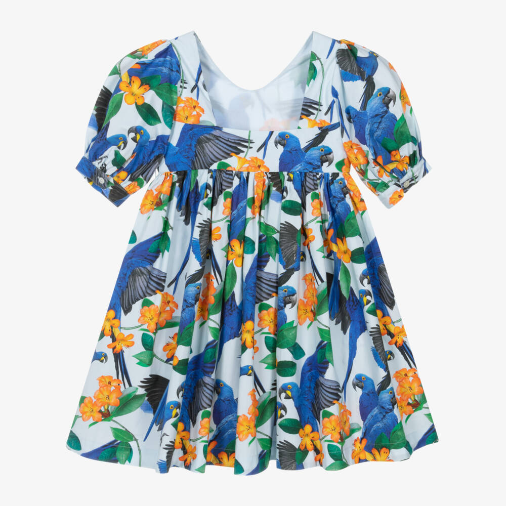 Molo - Girls Blue Organic Cotton Birds Dress | Childrensalon