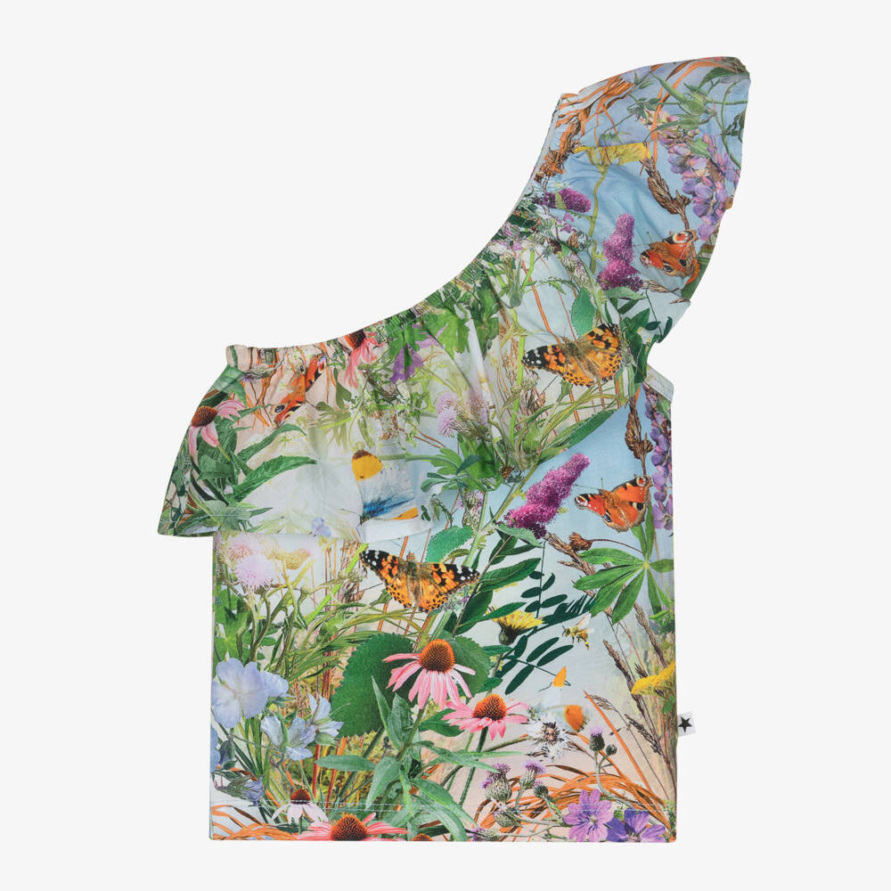 Molo - Girls Green Floral One Shoulder Top | Childrensalon