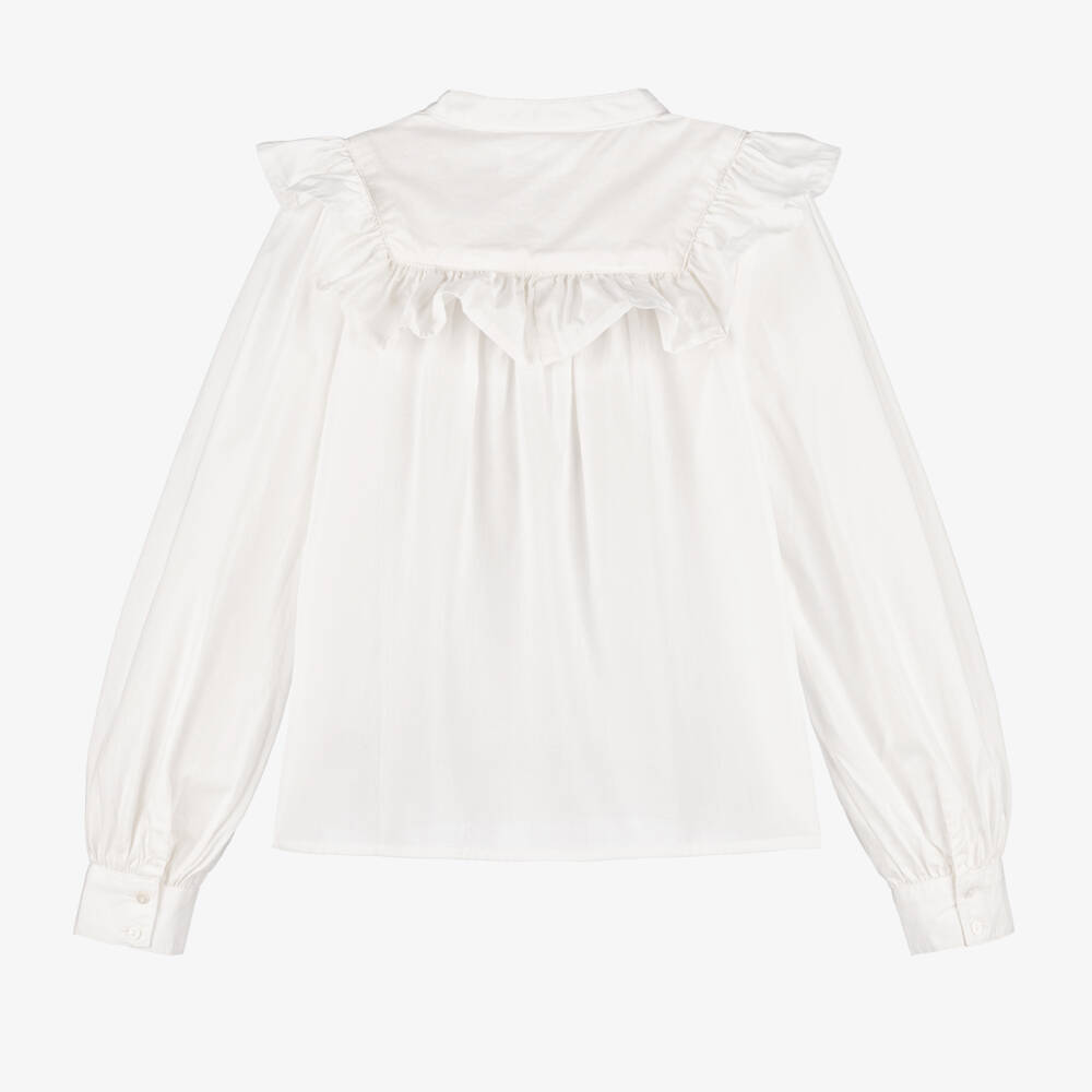 Molo - Girls White Cotton Blouse with Ruffles | Childrensalon