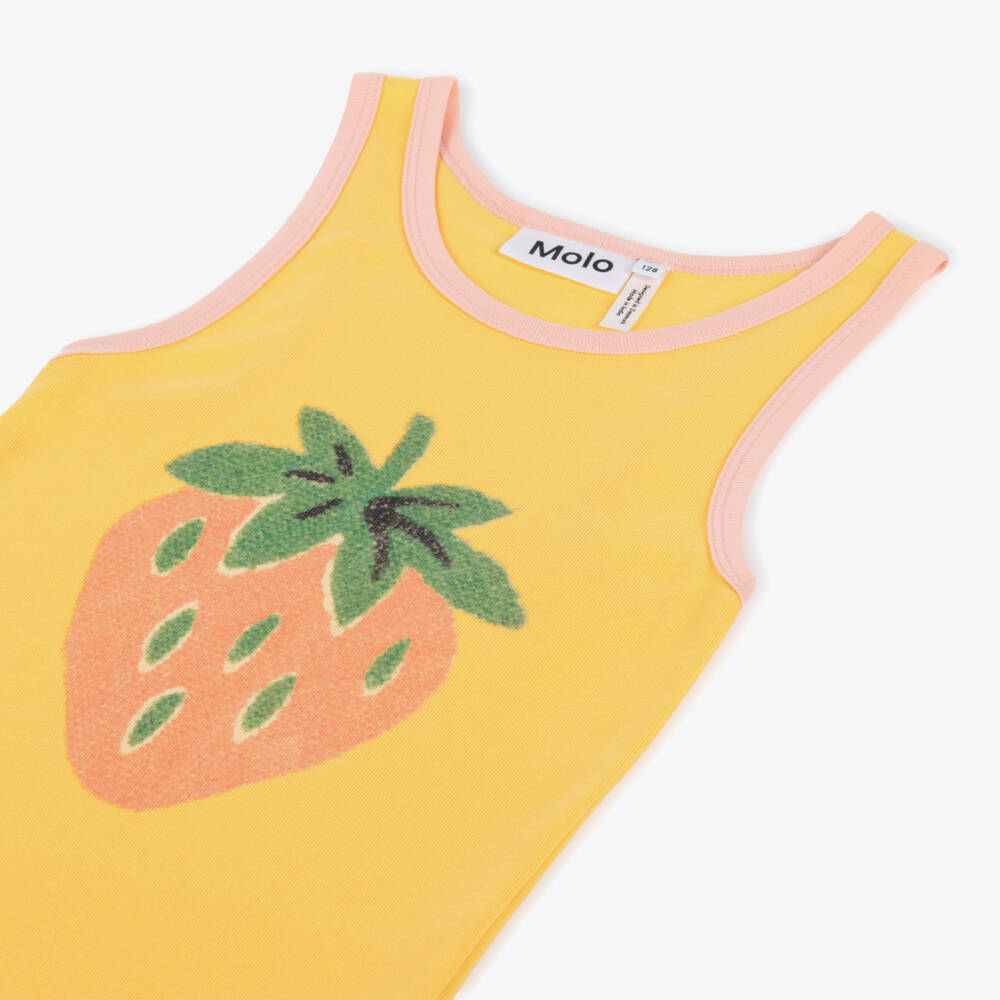 Molo - Girls Yellow Cotton Strawberry Vest Top | Childrensalon