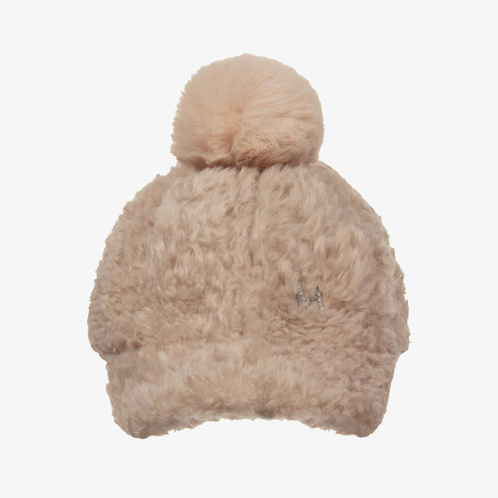 Monnalisa - Girls Beige Teddy Fleece Pom-Pom Cap | Childrensalon