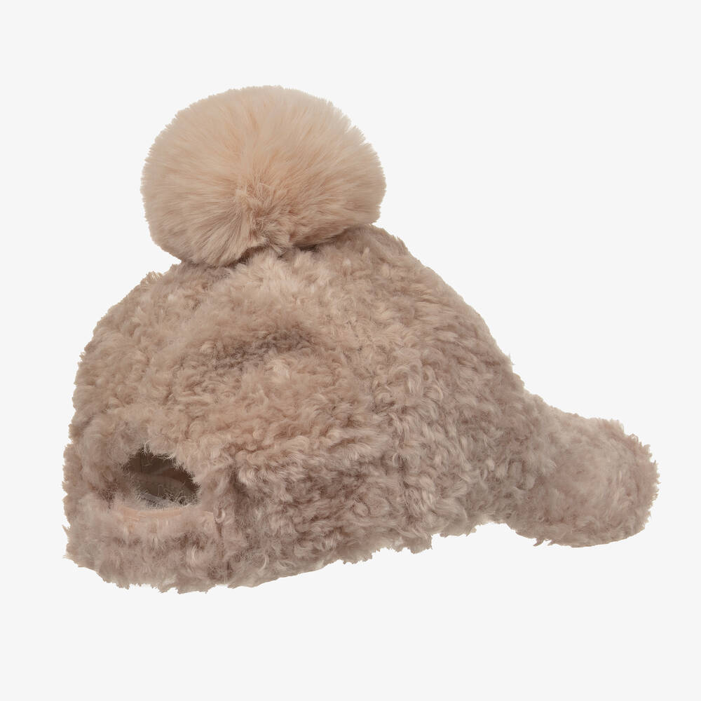 Monnalisa - Girls Beige Teddy Fleece Pom-Pom Cap | Childrensalon