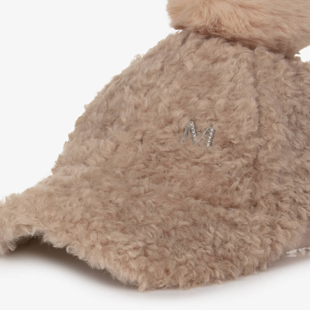 Monnalisa - Girls Beige Teddy Fleece Pom-Pom Cap | Childrensalon