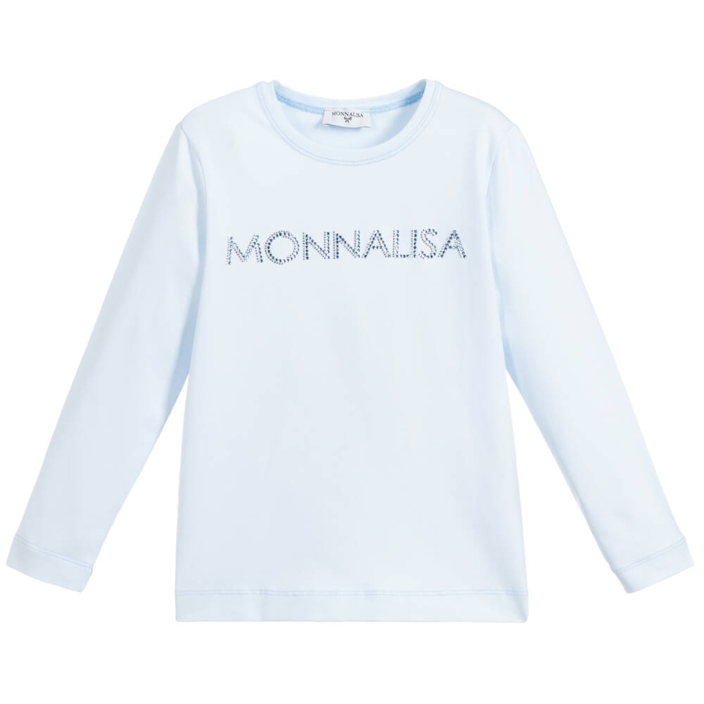 Monnalisa - Girls Blue Cotton Logo Top | Childrensalon
