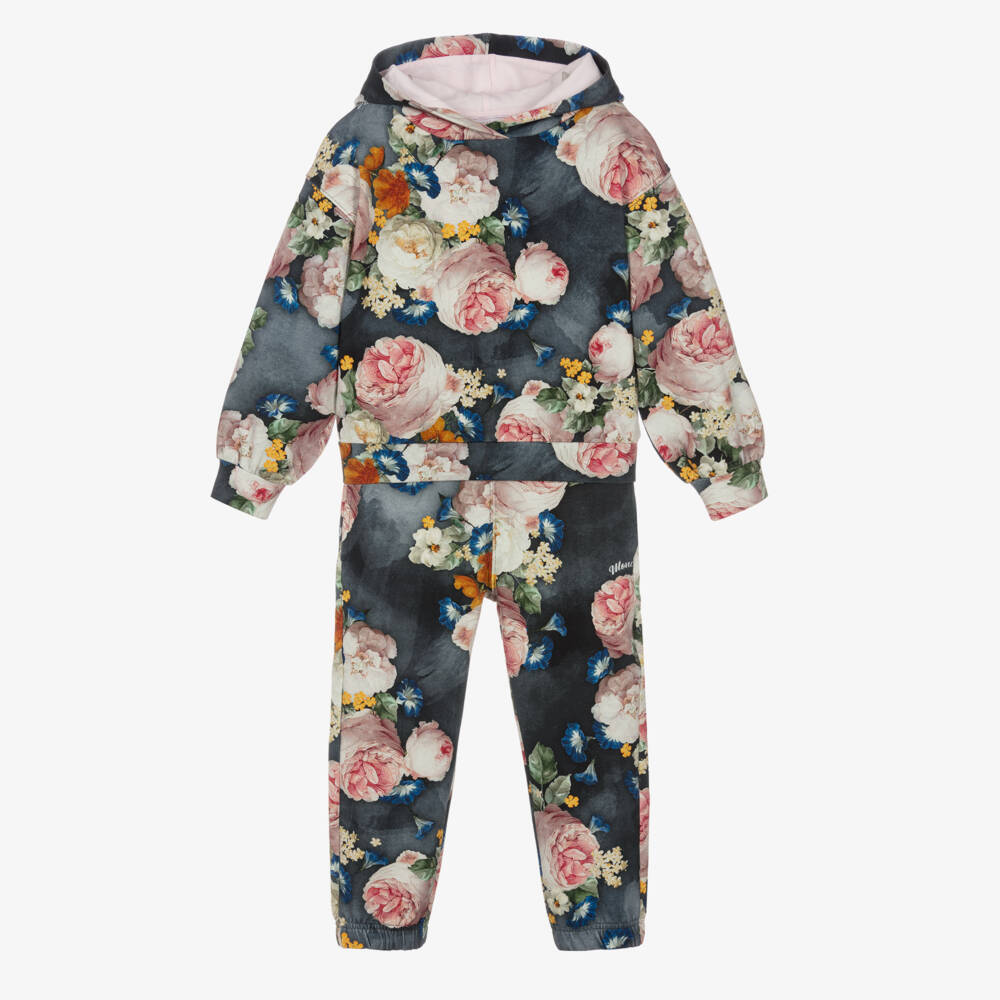 Monnalisa - Girls Blue Floral Cotton Tracksuit | Childrensalon