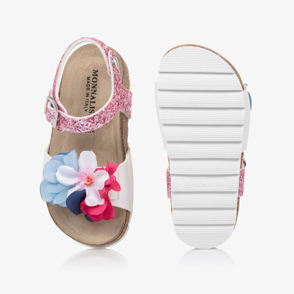 Monnalisa - Girls Pink Glitter Flower Sandals | Childrensalon