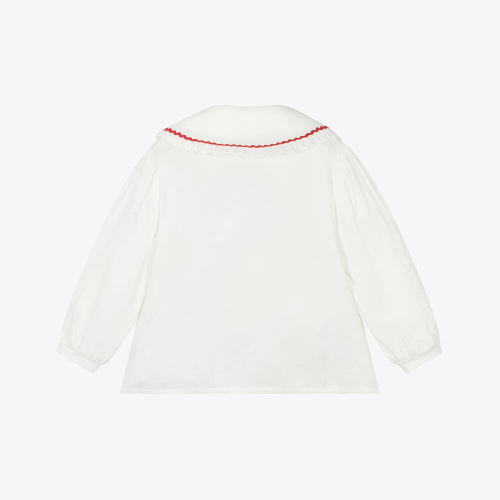 Monnalisa - Girls White Cotton Blouse with Red Ric Rac Trim | Childrensalon
