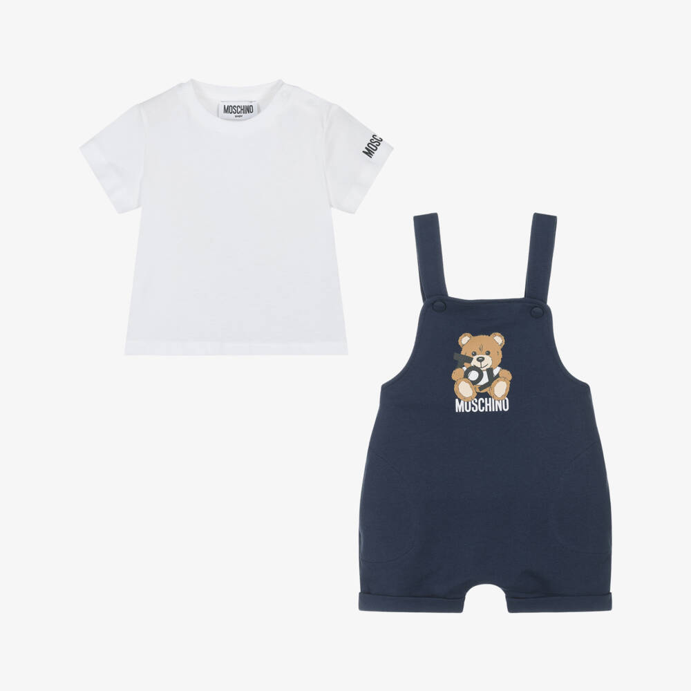 Moschino - Blue Cotton Teddy Bear Dungaree Set | Childrensalon