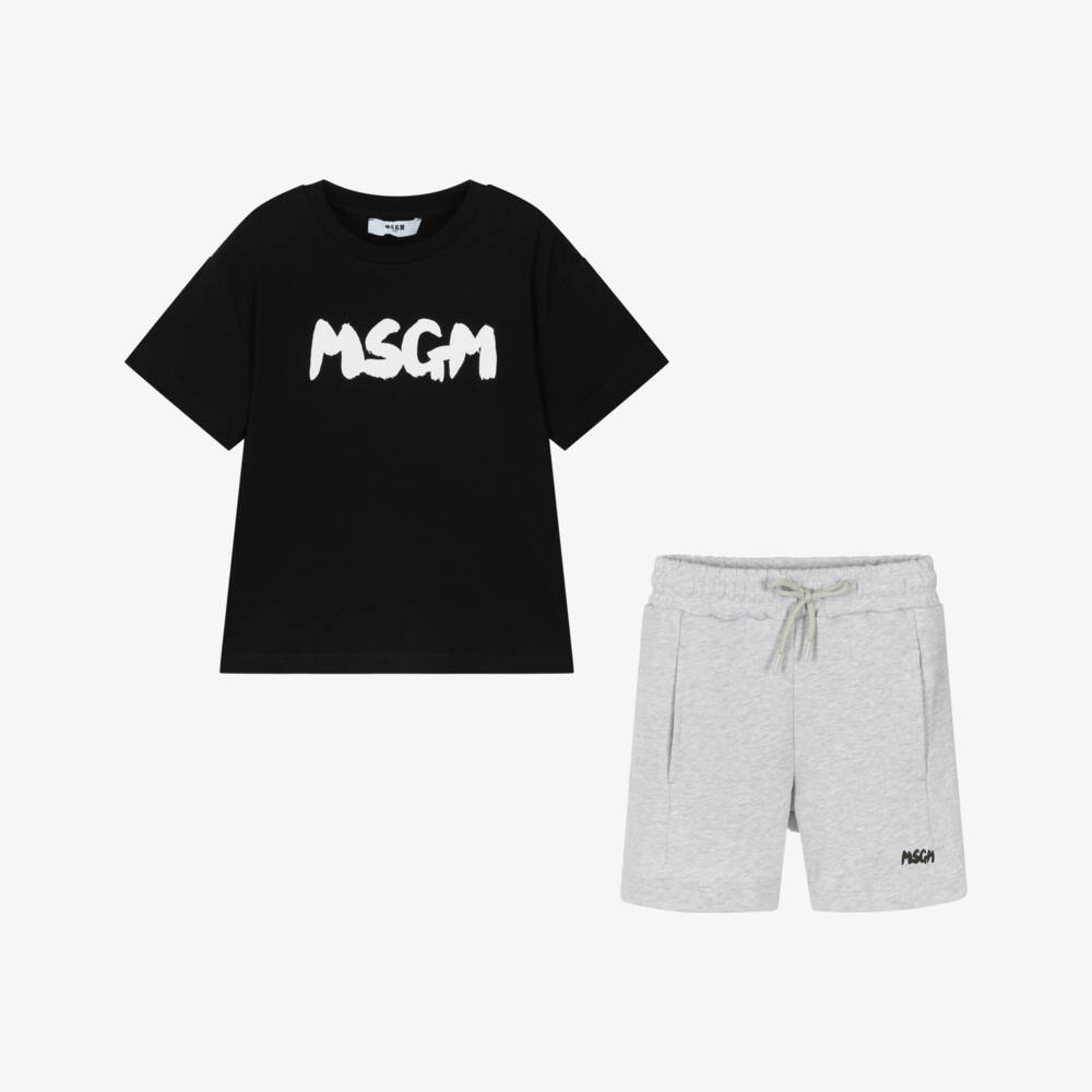 MSGM - Black & Grey Brushstroke Logo Shorts Set | Childrensalon
