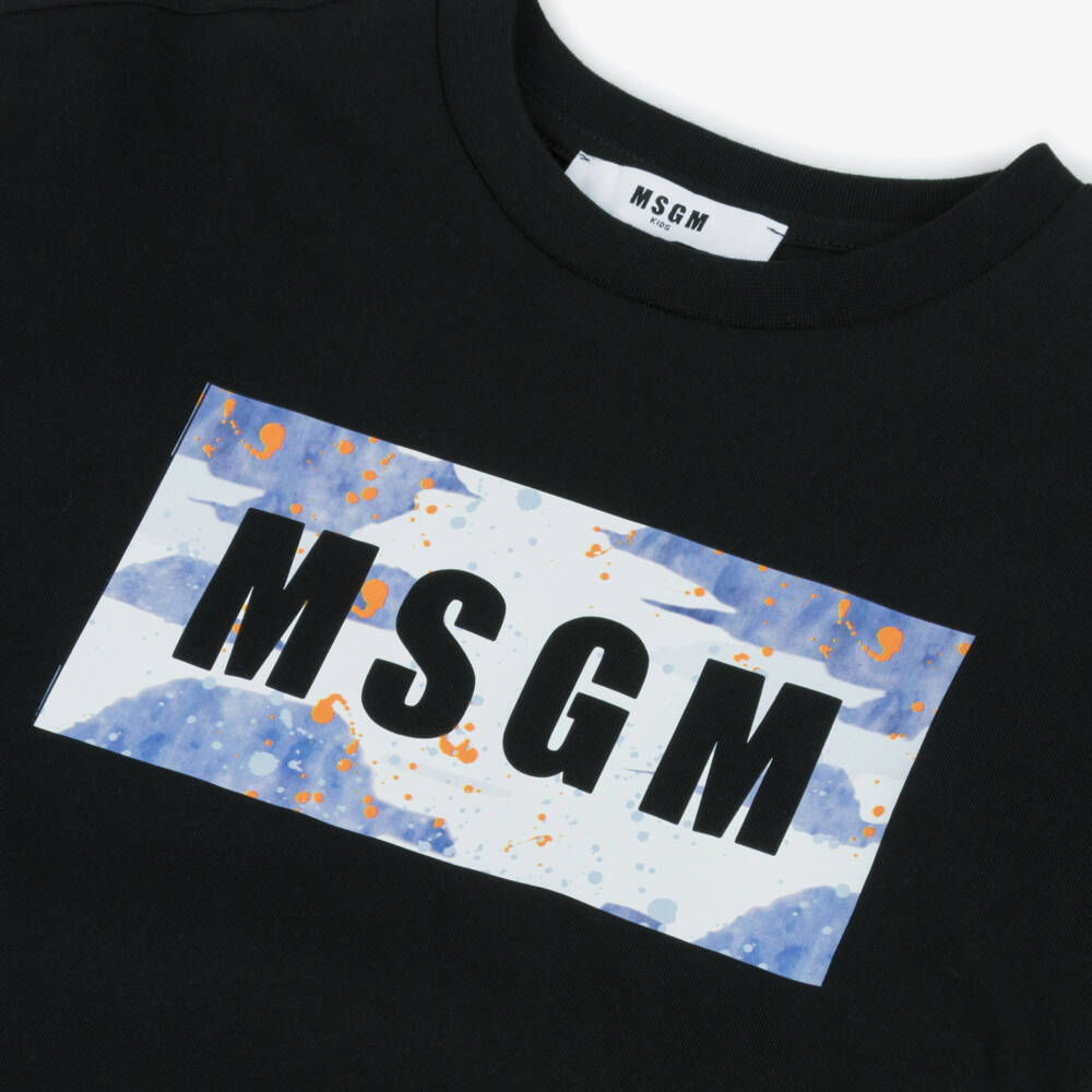 MSGM - Boys Black Cotton Box Logo T-Shirt | Childrensalon