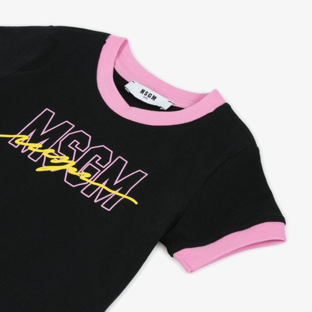 MSGM - Girls Black Cursive Logo Cotton T-Shirt | Childrensalon