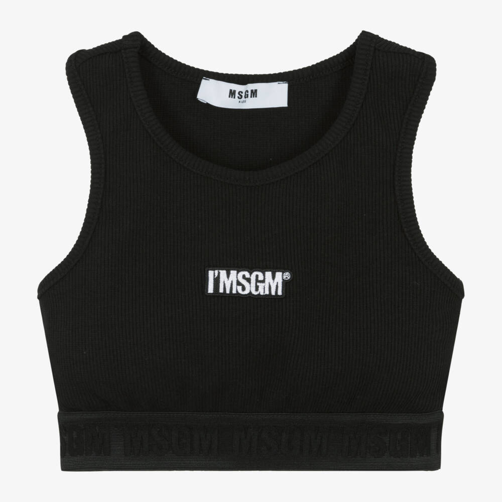 MSGM - Girls Black Ribbed Cropped Top | Childrensalon