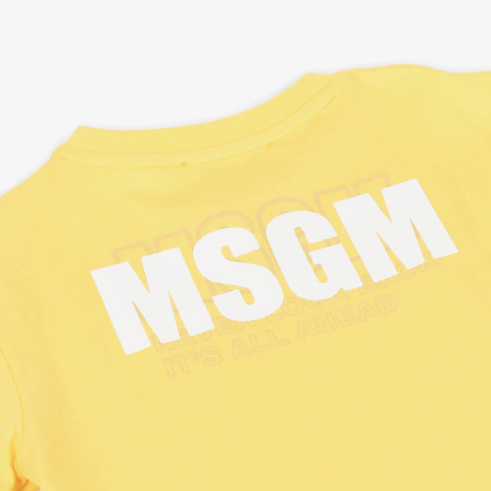 MSGM - Yellow Cotton Slogan T-Shirt | Childrensalon