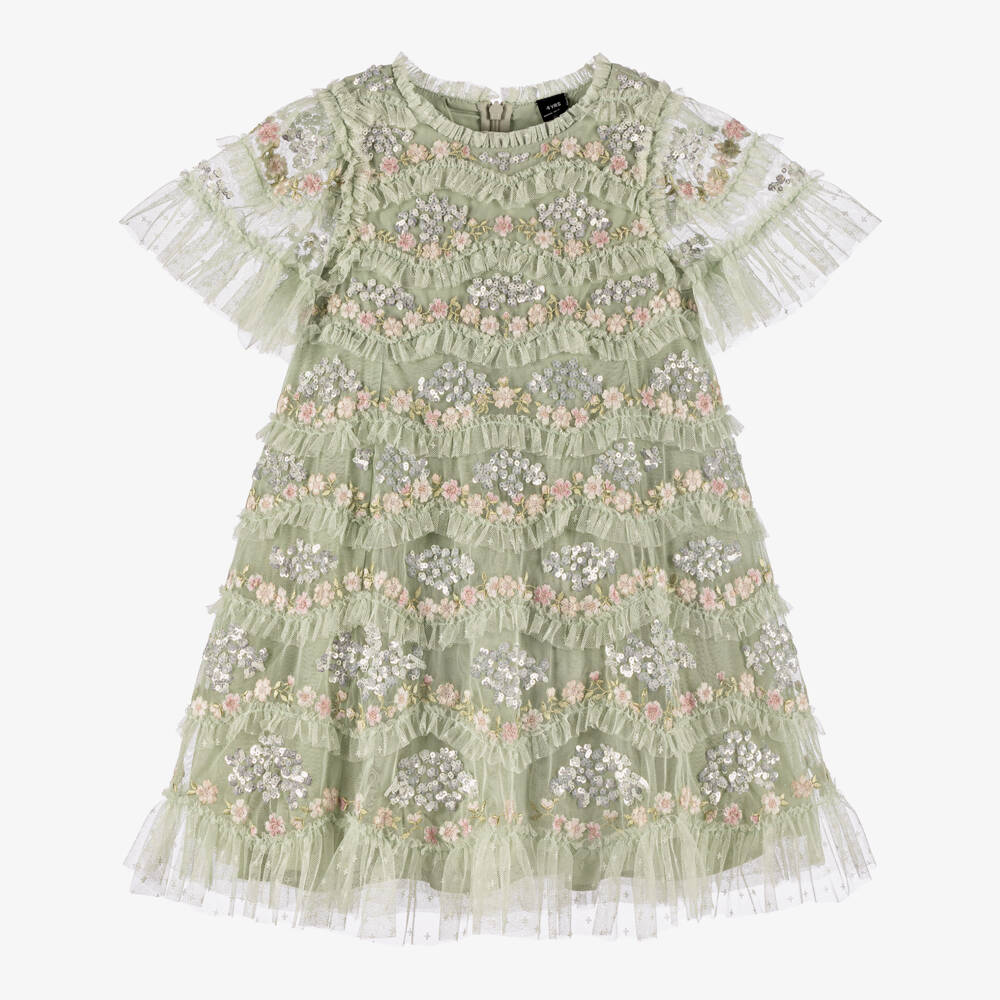 Needle & Thread - Girls Green Tulle Dress with Embroidery & Sequins ...