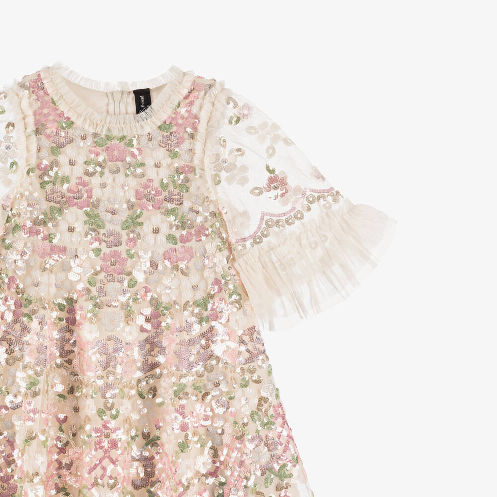 Needle & Thread - Girls Ivory & Pink Sequinned Tulle Dress | Childrensalon