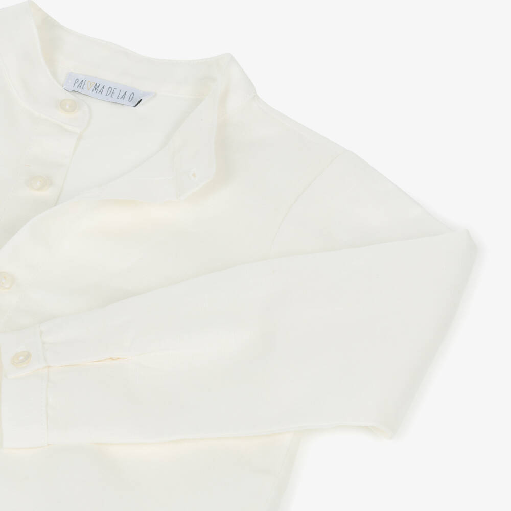Paloma de la O - Boys Ivory Linen & Cotton Collarless Shirt | Childrensalon