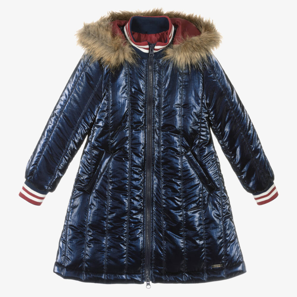 Girls Navy Blue Hooded Coat | Childrensalon