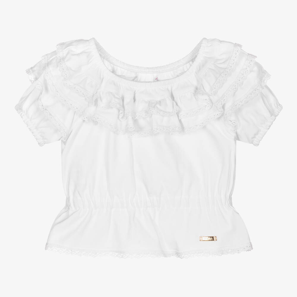 Girls White Ruffle T-Shirt | Childrensalon