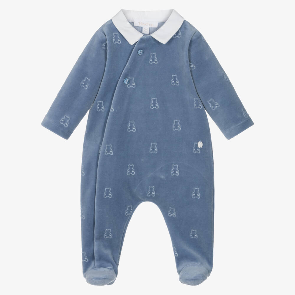 Patachou - Boys Blue Velour Bear Babygrow | Childrensalon