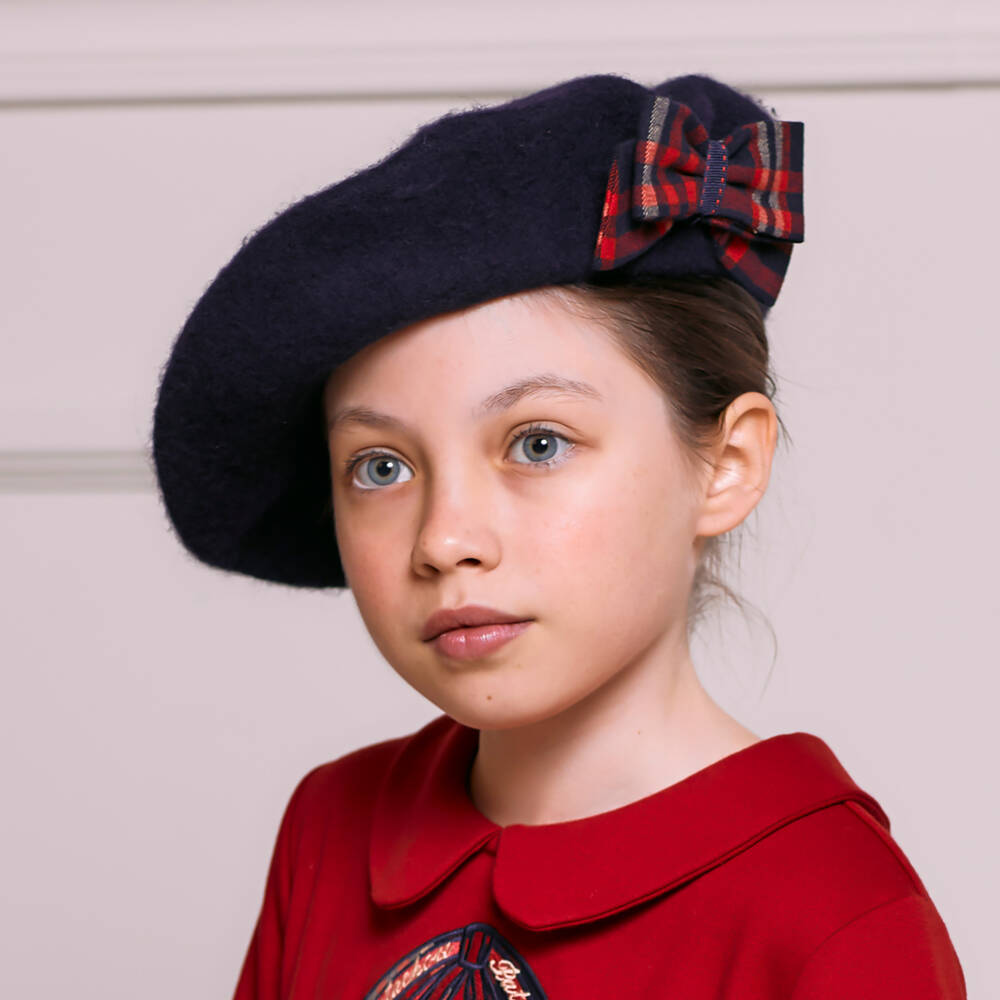 Patachou - Girls Blue Wool Tartan Bow Beret | Childrensalon