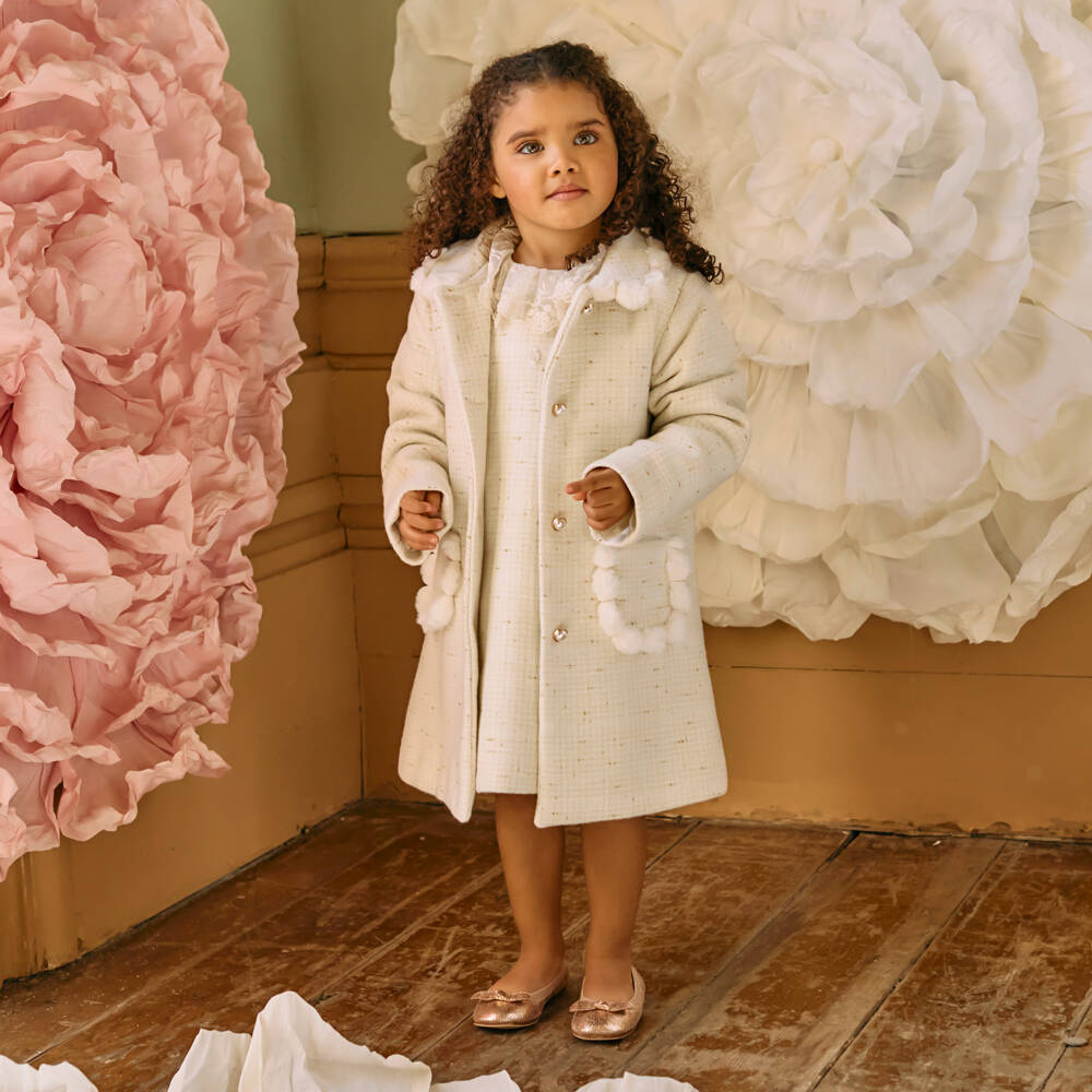 Patachou - Girls Ivory & Gold Tweed Coat with Faux Fur Trims ...