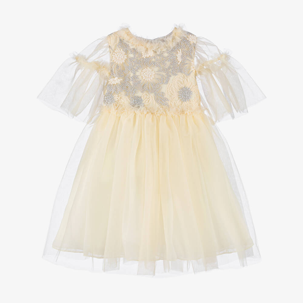 Patachou - Girls Ivory & Silver Embroidered Tulle Dress | Childrensalon