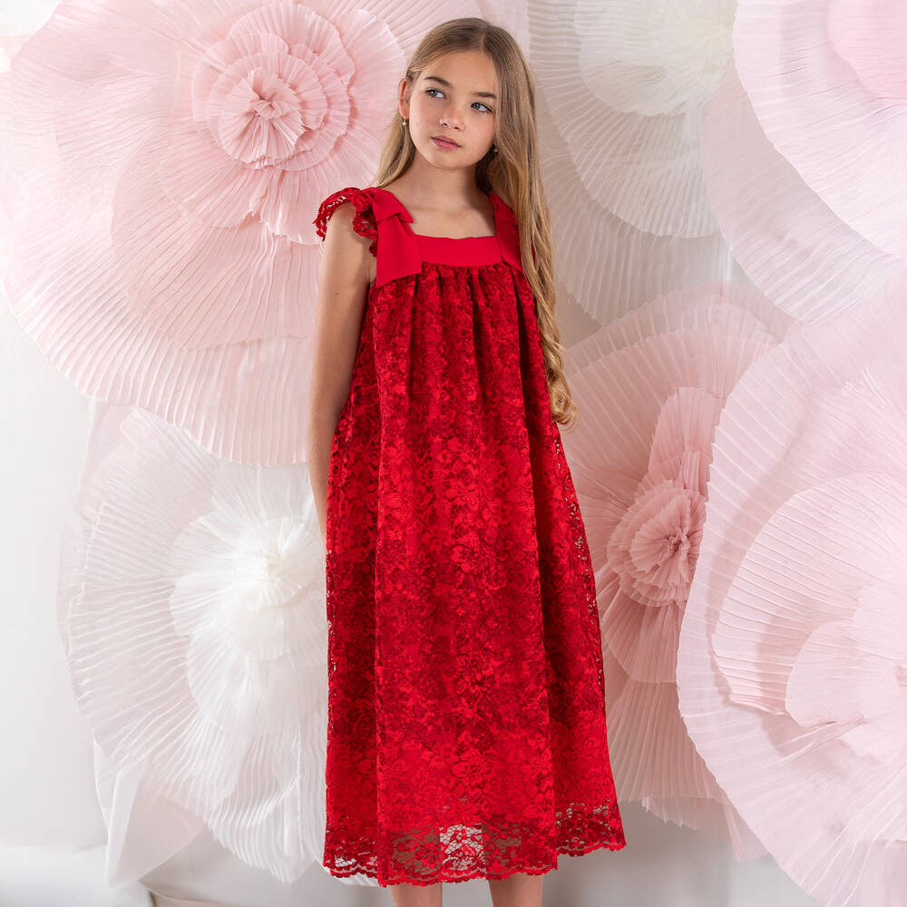 Patachou - Girls Long Red Lace Dress | Childrensalon