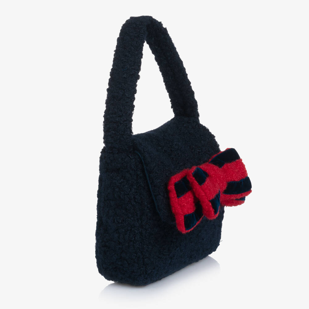 Patachou - Girls Navy Blue Bouclé Handbag with Red Bow Trim (20cm ...
