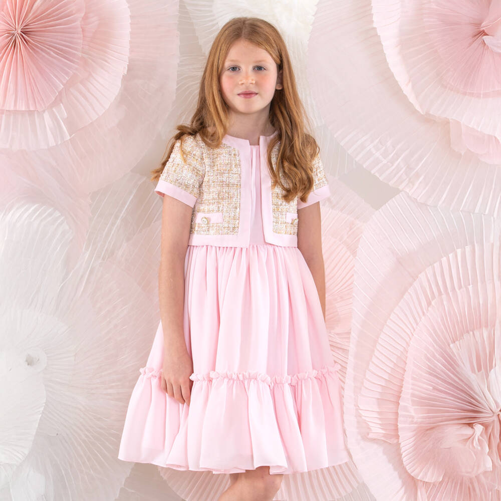 Patachou - Girls Pink Tweed Chiffon Dress | Childrensalon