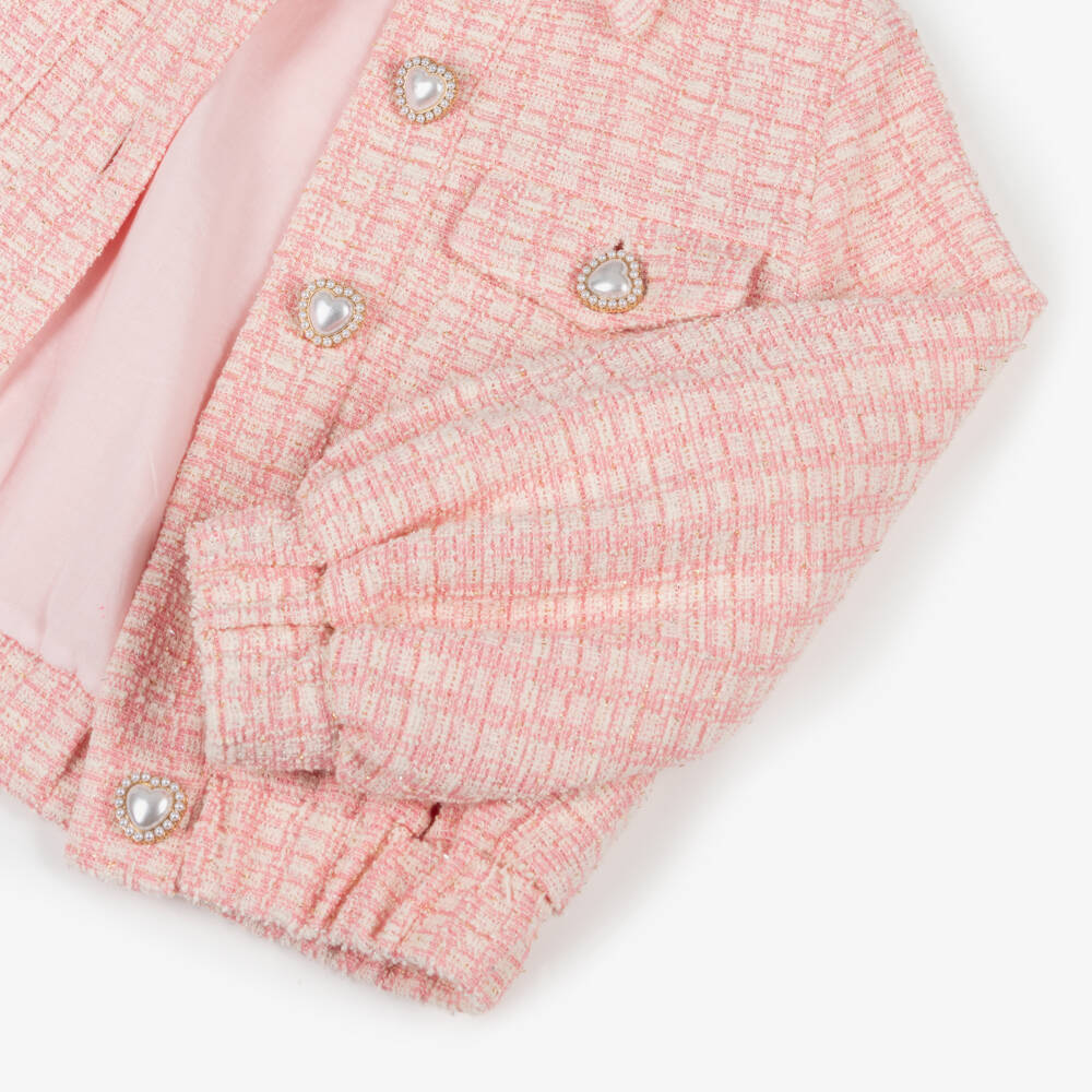 Patachou - Girls Pink Tweed Collared Jacket | Childrensalon