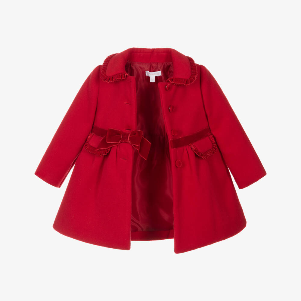 Patachou - Girls Red Felted & Velvet Ruffle Coat | Childrensalon