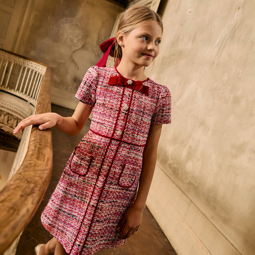 Patachou - Girls Red Tweed Dress with Velvet Bow | Childrensalon