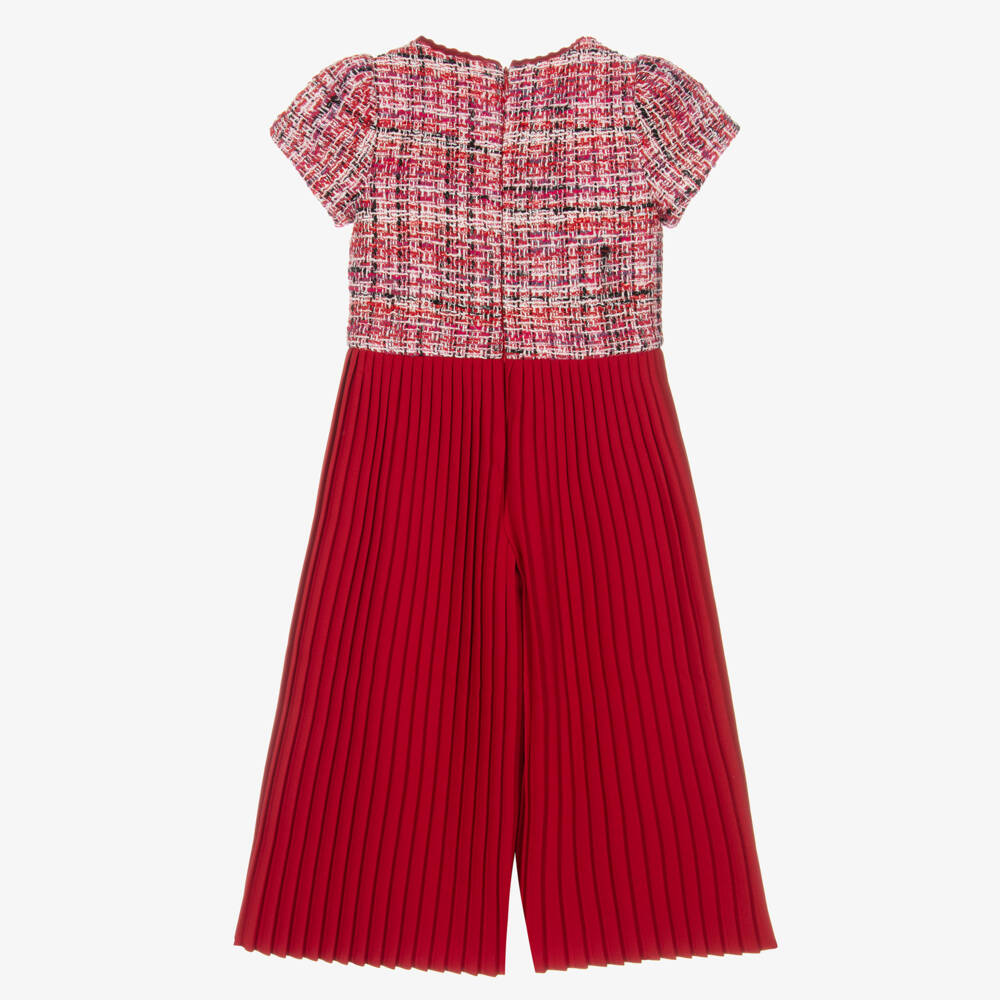 Patachou - Girls Red Tweed Pleated Jumpsuit with Velvet Bow | Childrensalon