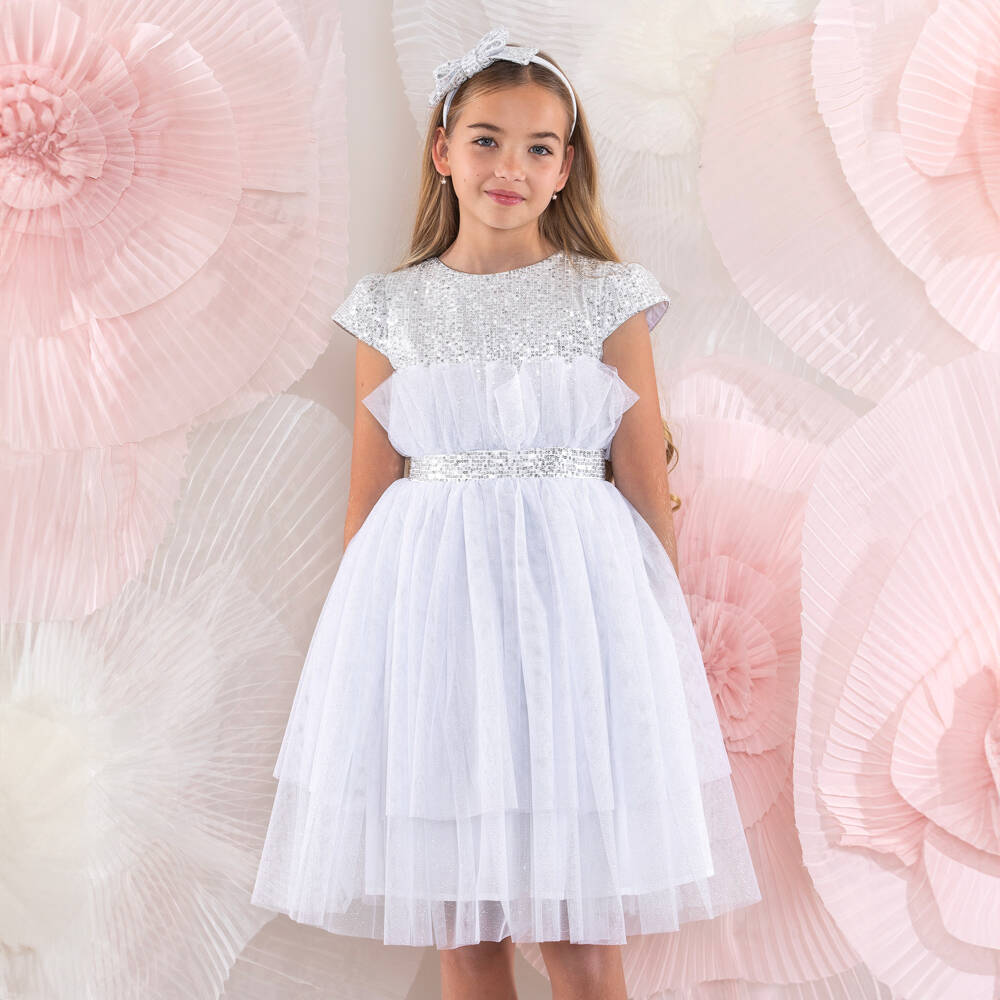 Patachou - Girls Silver Sequin Tulle Dress | Childrensalon