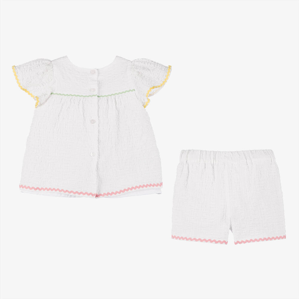 Patachou - Girls White Cotton Shorts Set With Ric Rac | Childrensalon