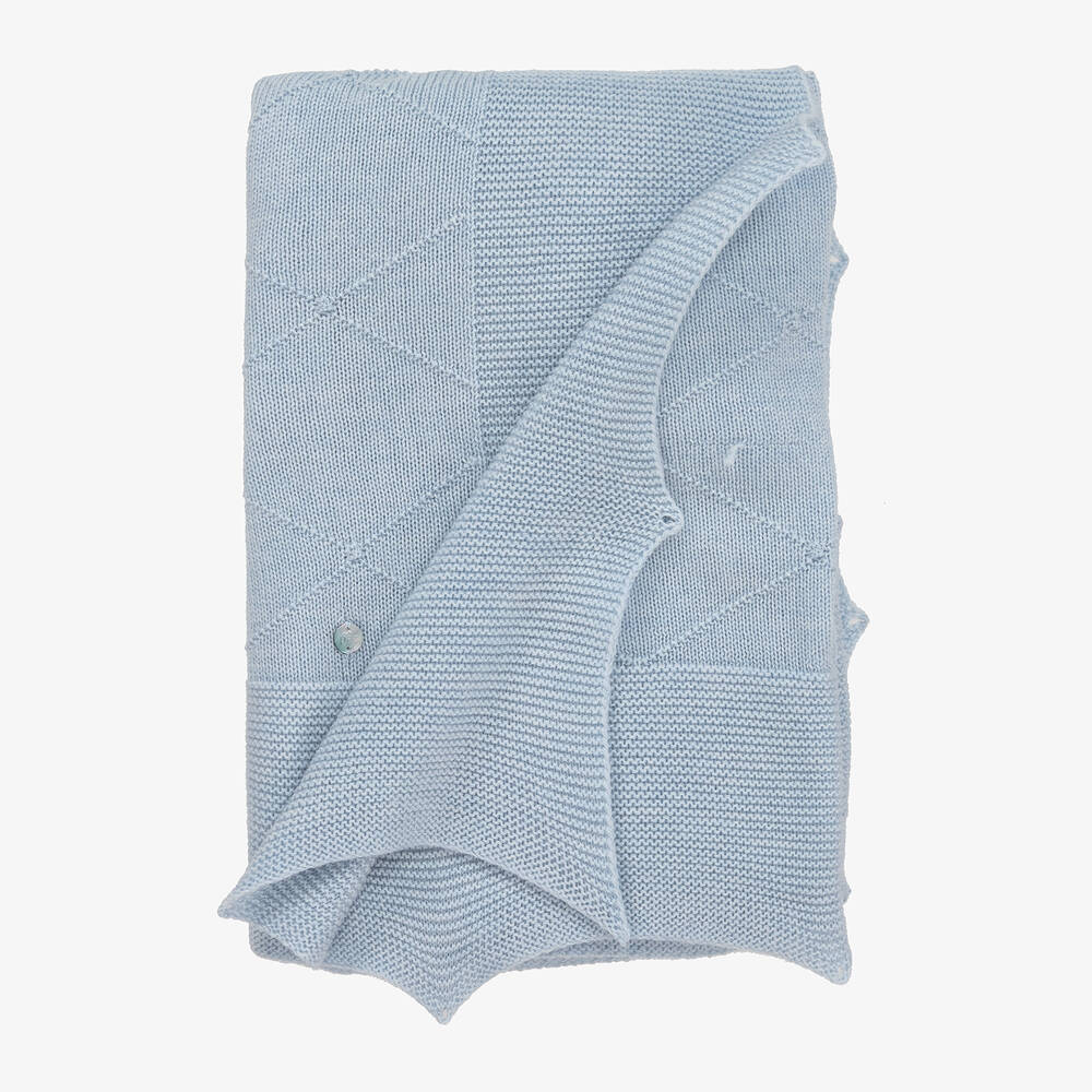 Paz Rodríguez - Baby Boys Blue Wool Knit Shawl (100cm) | Childrensalon