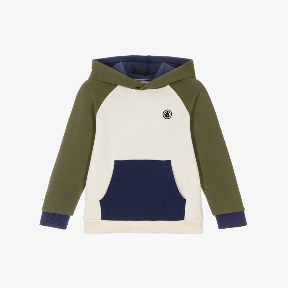 Petit Bateau - Boys Ivory & Green Colourblock Cotton Hoodie | Childrensalon