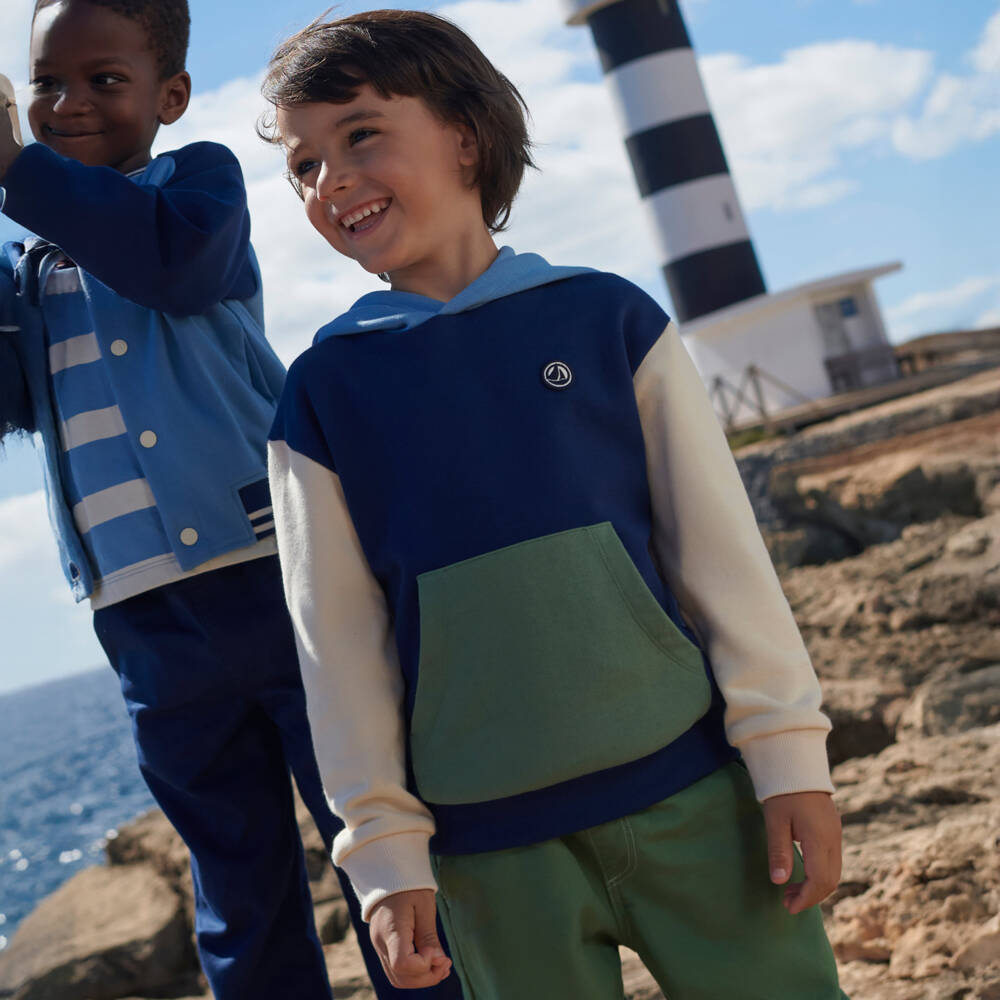 Petit Bateau - Boys Navy Blue Colour Block Hoodie | Childrensalon