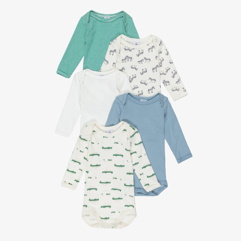 Petit Bateau - Ivory & Green Cotton Baby Bodysuits (5 Pack) | Childrensalon