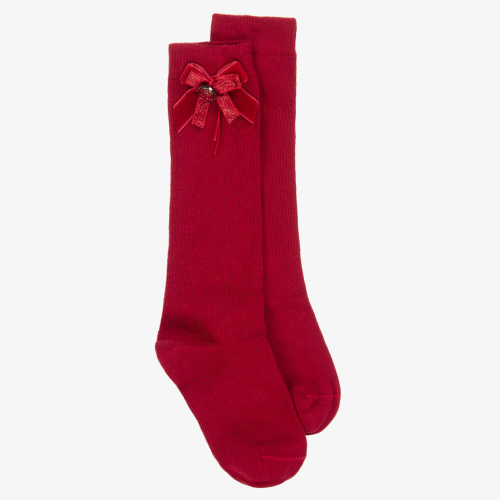 Piccola Speranza - Girls Long Red Socks with Velvet Bows | Childrensalon
