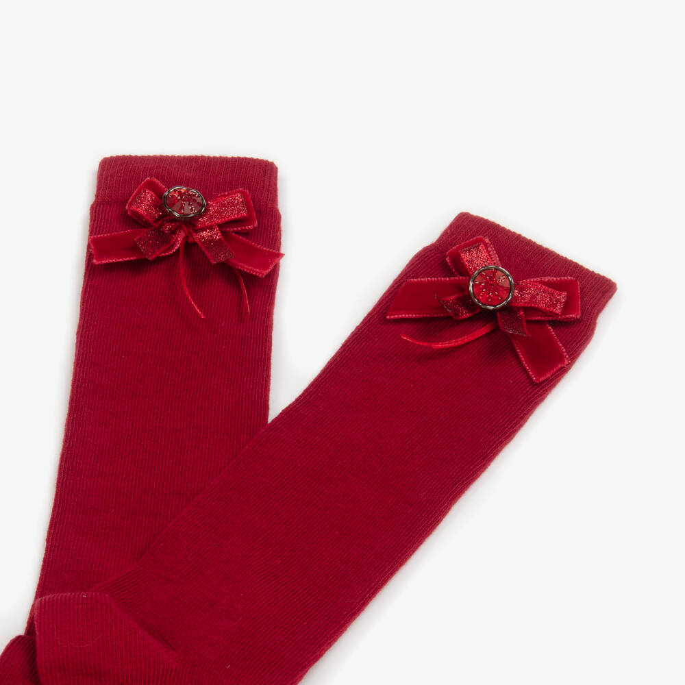 Piccola Speranza - Girls Long Red Socks with Velvet Bows | Childrensalon