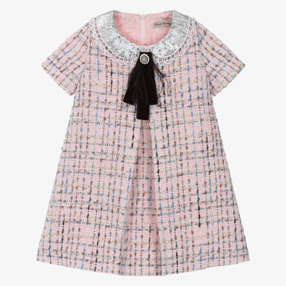 Piccola Speranza - Girls Pink Tweed Dress with Velvet Bow Brooch ...