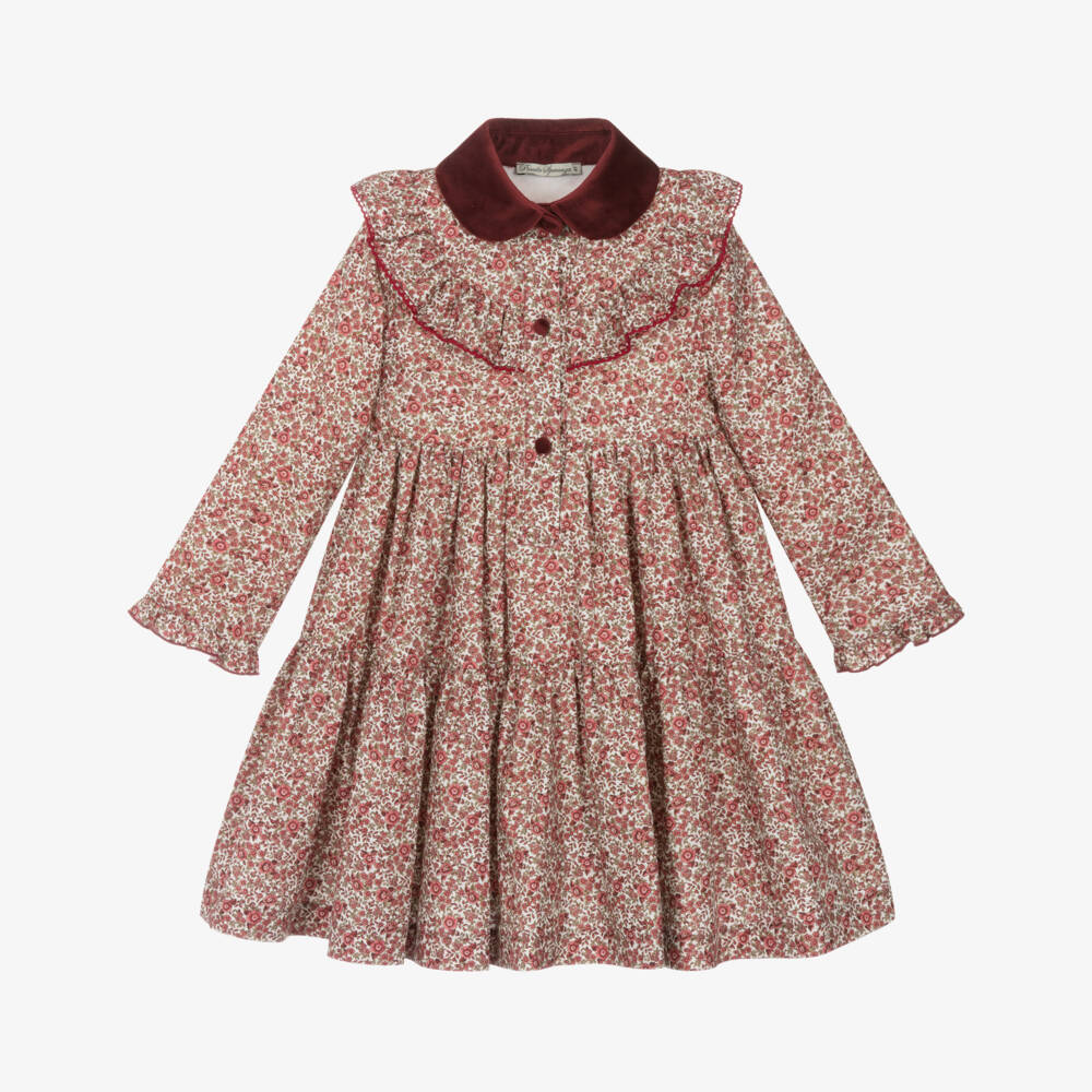Piccola Speranza - Girls Red & Ivory Floral Cotton Dress with Velvet Collar | Childrensalon
