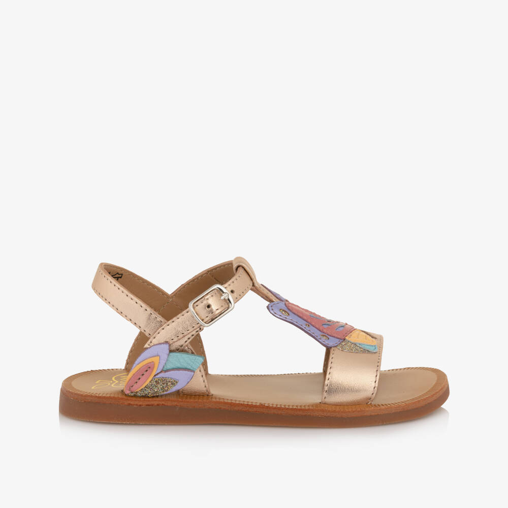 Pom d'Api - Girls Rose Gold Leather Butterfly Sandals | Childrensalon