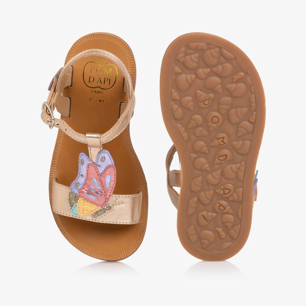 Pom d'Api - Girls Rose Gold Leather Butterfly Sandals | Childrensalon