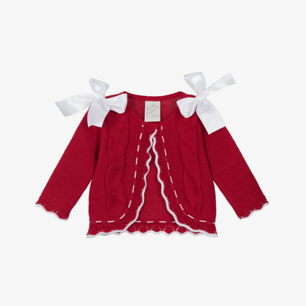 Pretty Originals - Girls Red Cotton Knit & Satin Bow Cardigan ...