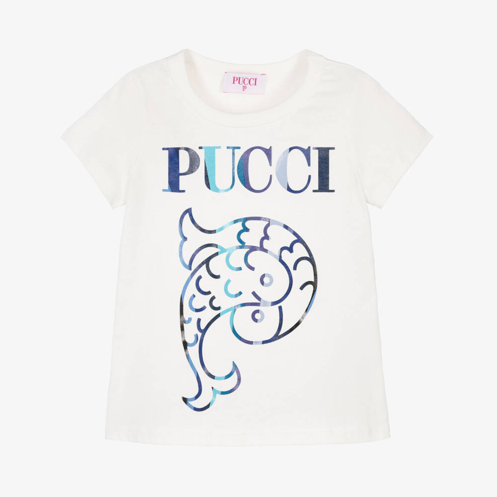 PUCCI - Girls Ivory Cotton Fish Logo T-Shirt | Childrensalon