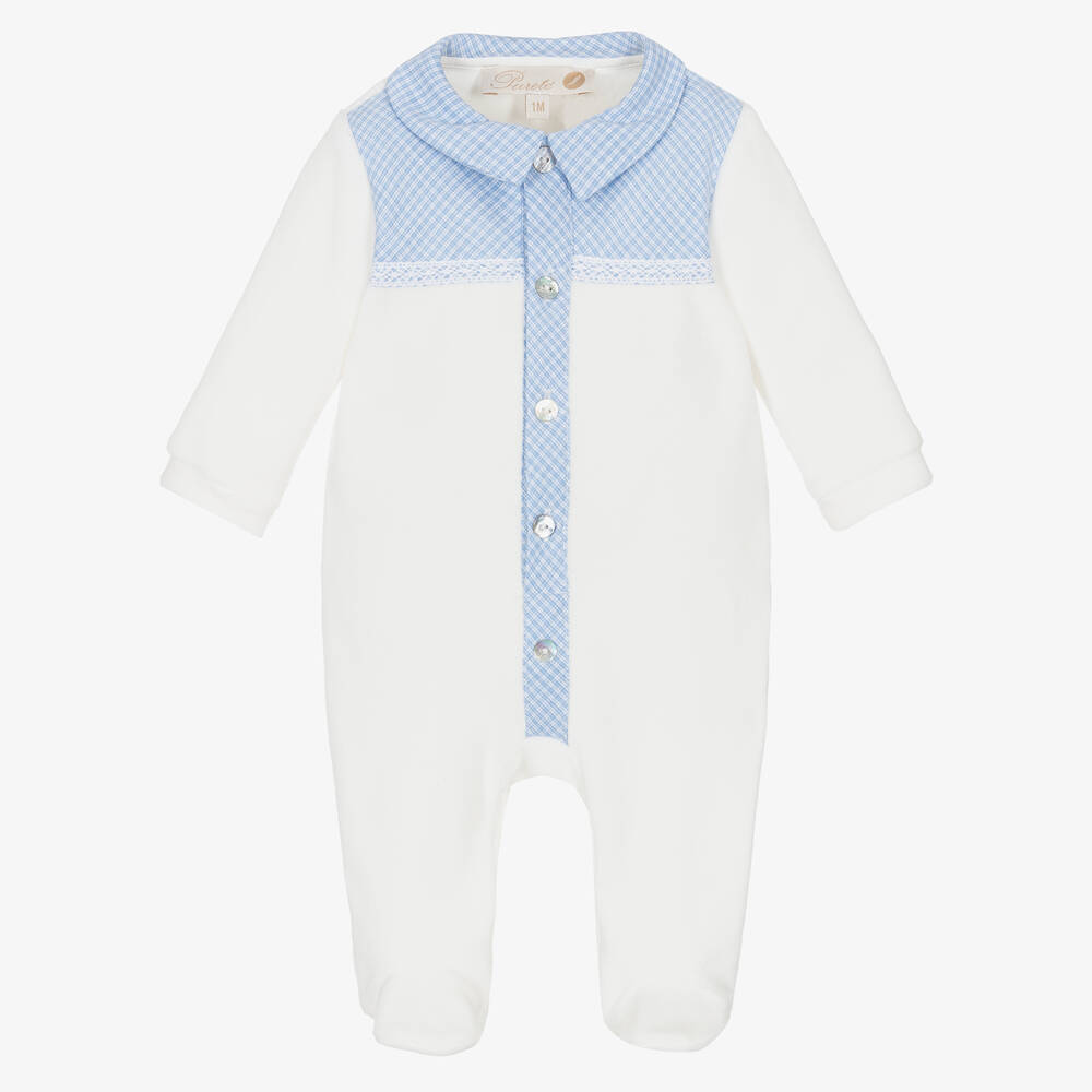 Pureté Du... Bébé - Ivory & Blue Checked Velour Babygrow | Childrensalon